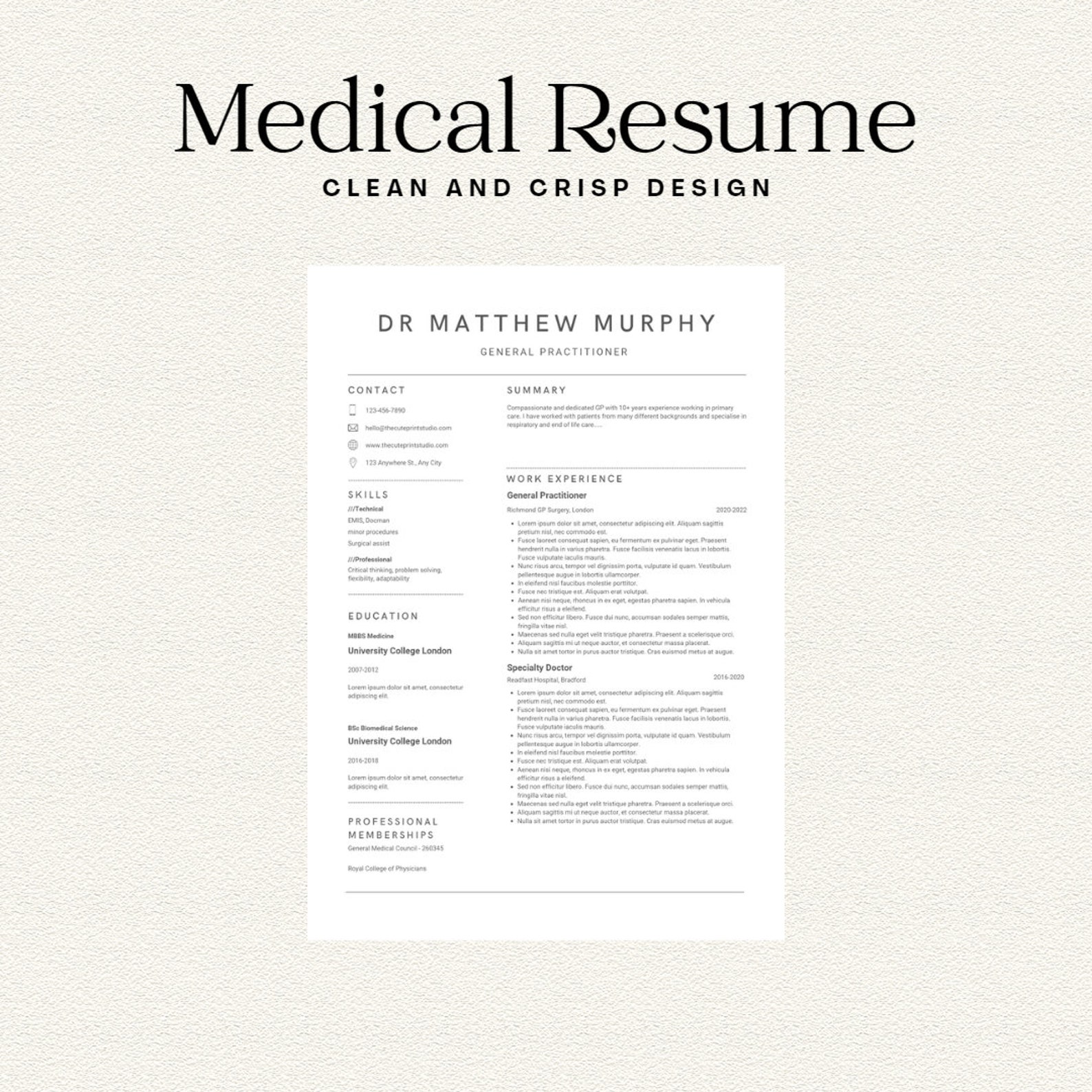 Medical Resume for Healthcare Professionals Customisable Professional ...