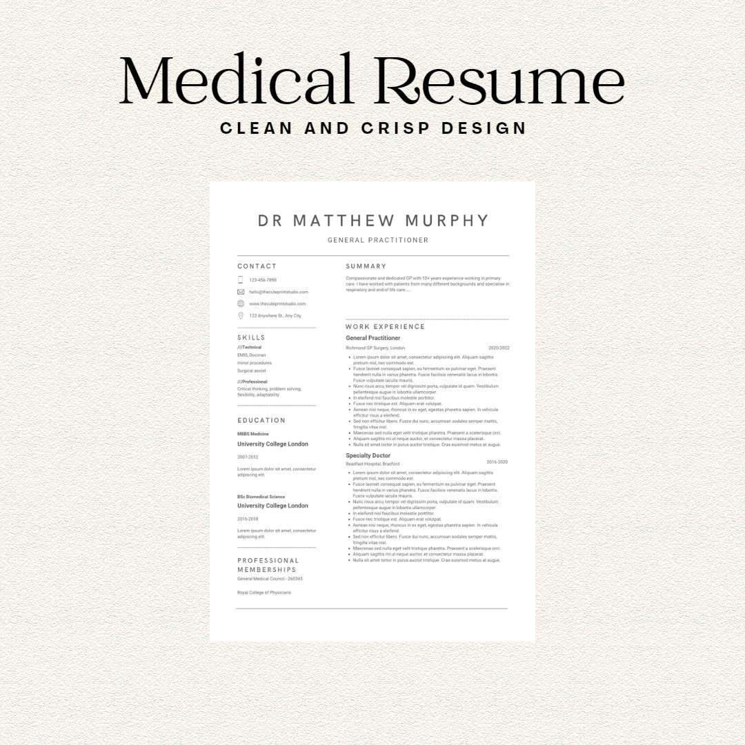 Medical Resume for Healthcare Professionals Customisable Professional ...