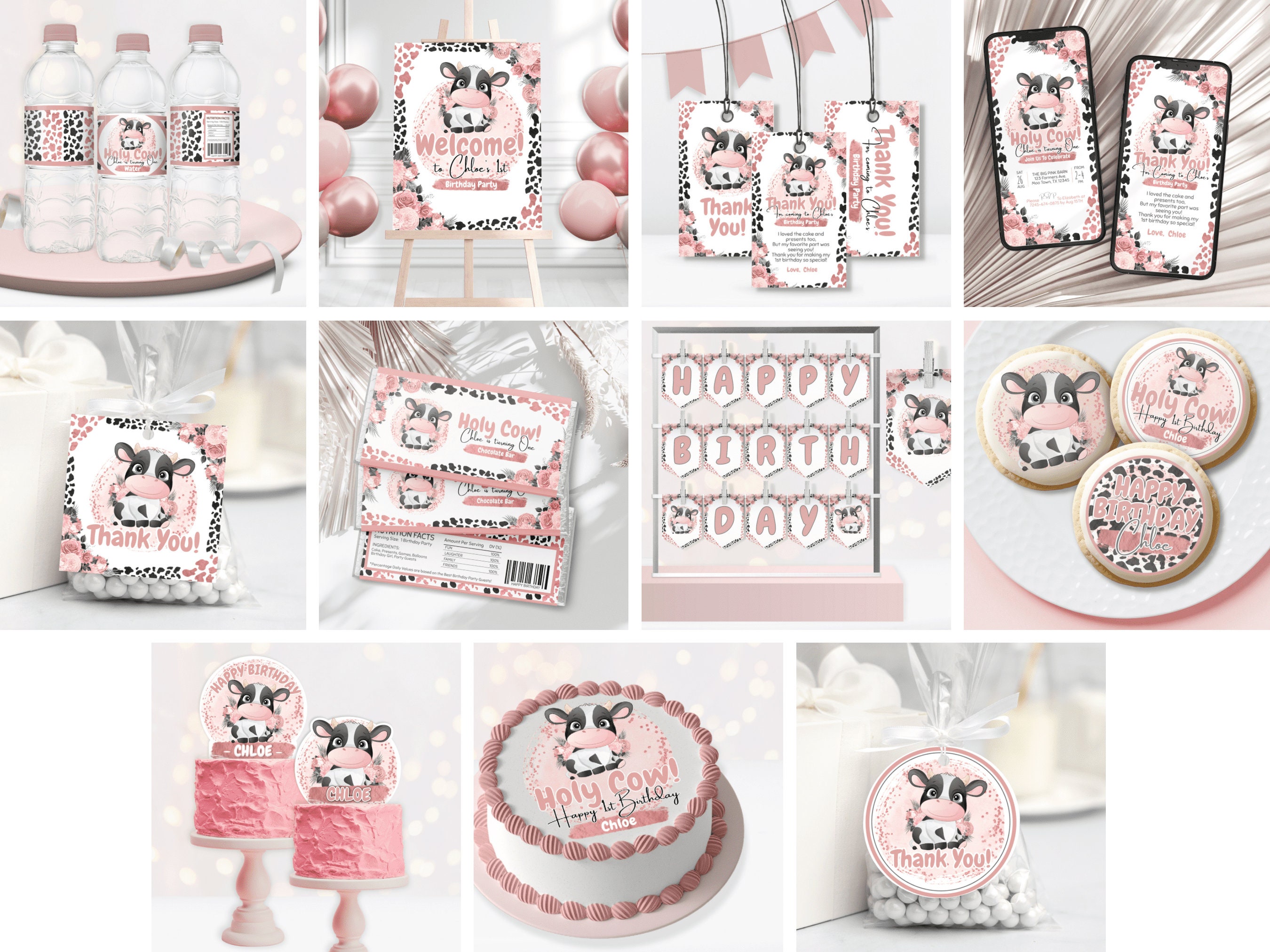 Holy Cow Birthday Party Bundle Pink Cow Party Bundle Boho Cow Birthday ...