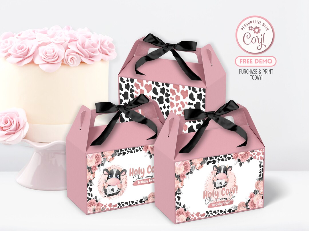 Editable Holy Cow Gift Box Label Pink Birthday Treat Box Sticker Label ...