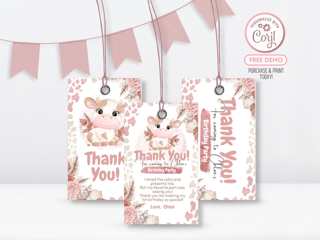 Editable Cow Birthday Tag Set Party Favor Tags Thank You Hang Tags for ...