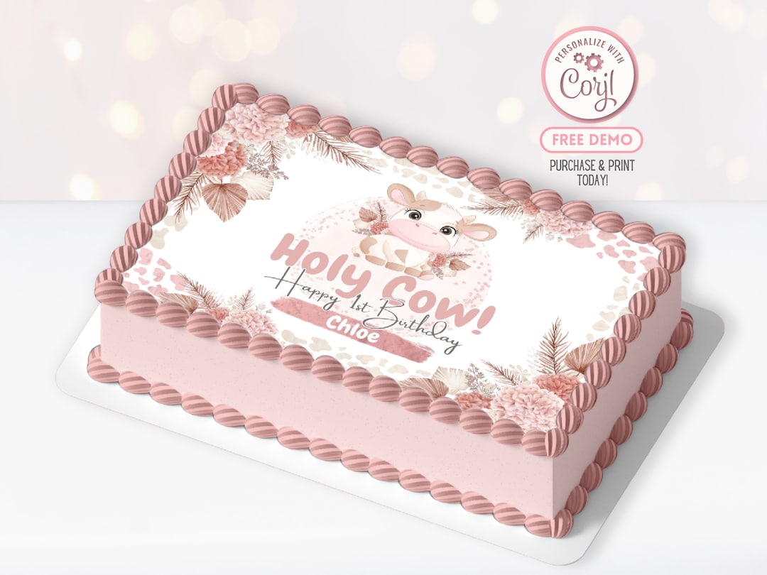 Editable Pink Cow Cake Image Holy Cow Cake Topper Cow Sheet Cake Template for Edible Ink Boho ...