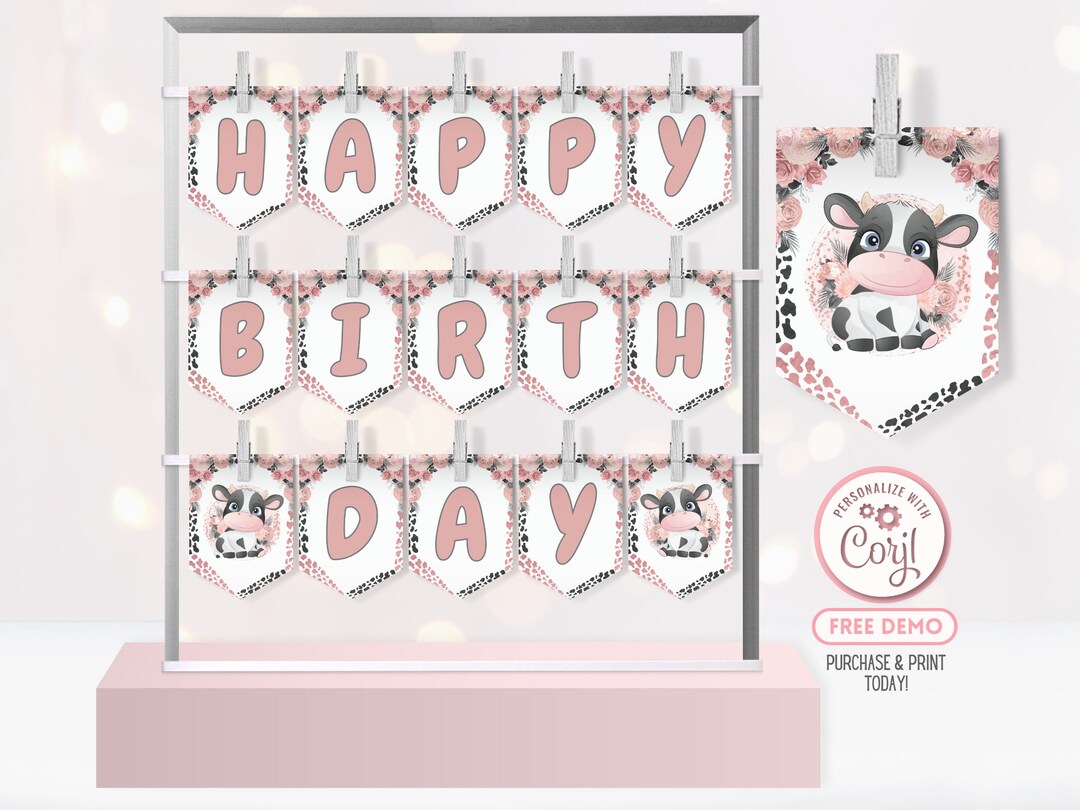 Printable Pink Cow Birthday Banner Holy Cow Pennant Flag Banner Boho ...