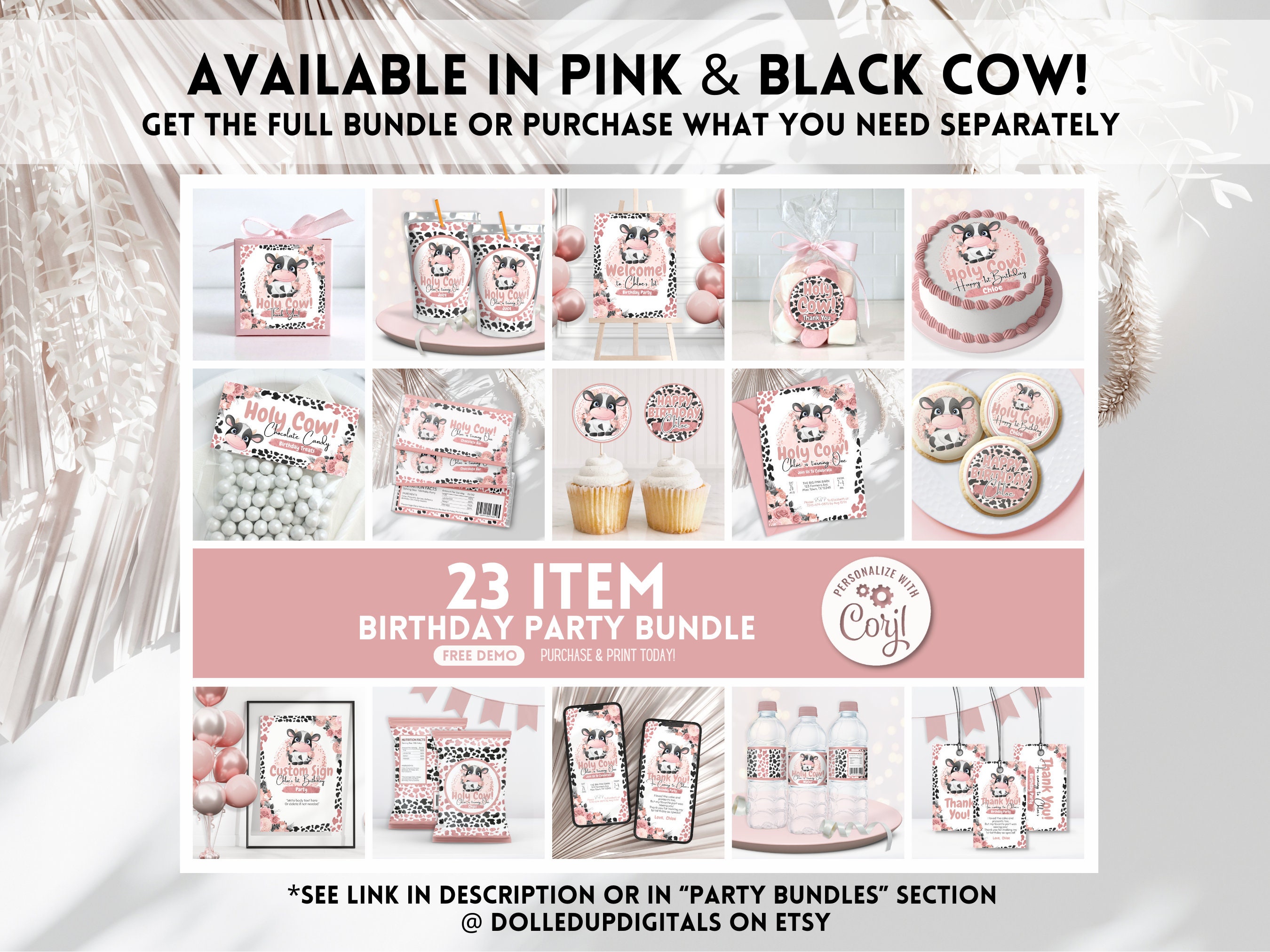 Holy Cow Birthday Party Bundle Pink Cow Party Bundle Boho Cow Birthday ...