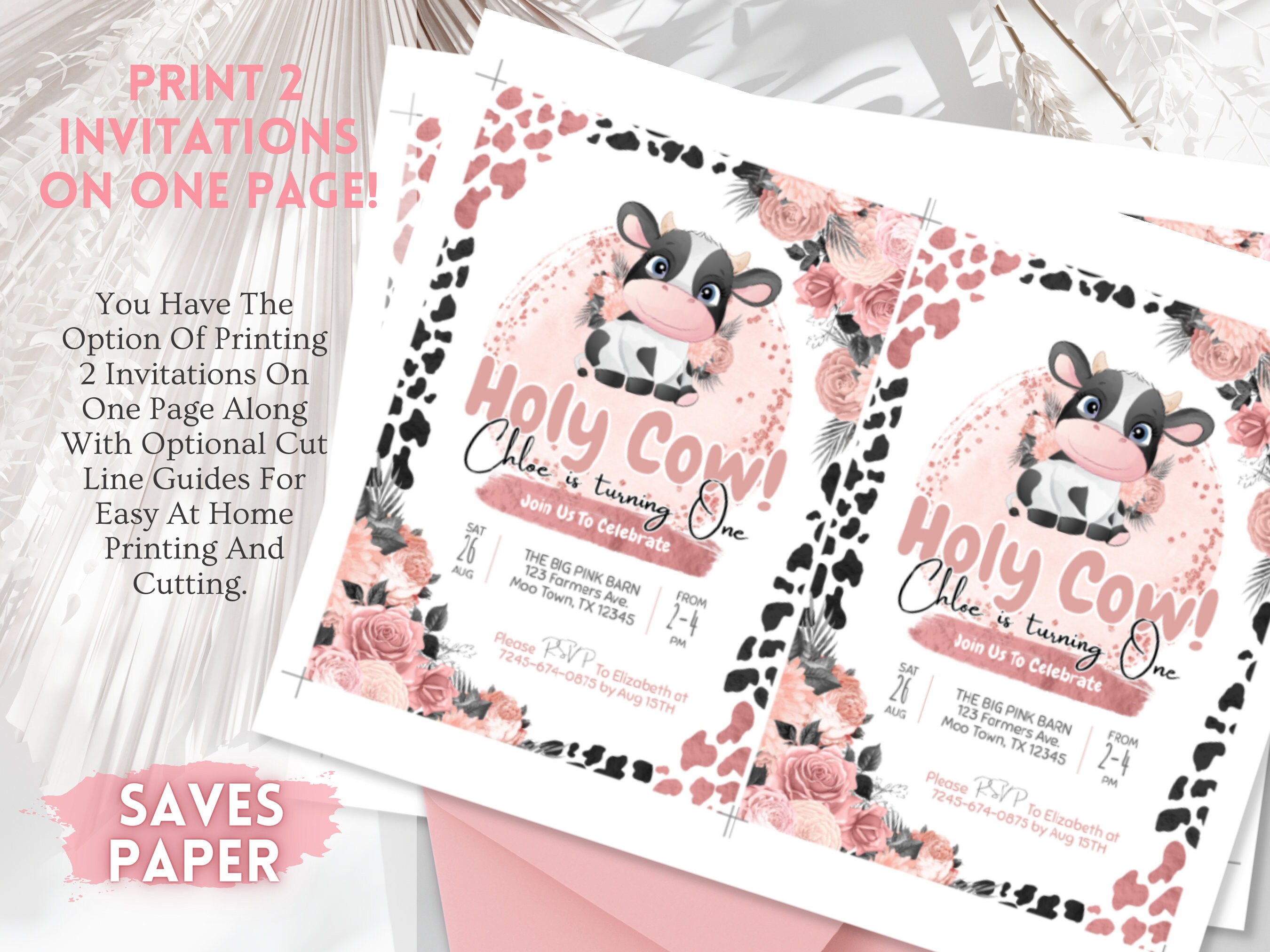 Editable Pink Boho Cow Print Birthday Invitation Holy Cow I'm One 1st ...