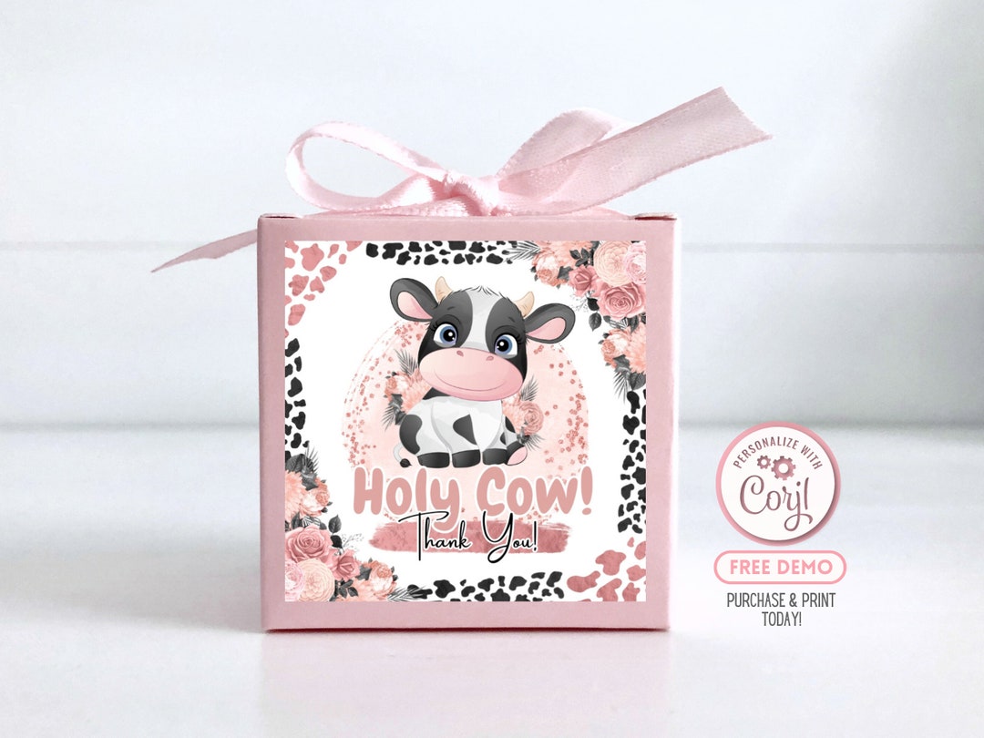 Editable Pink Cow Sticker Party Favor Sticker Party Box Label Holy Cow ...