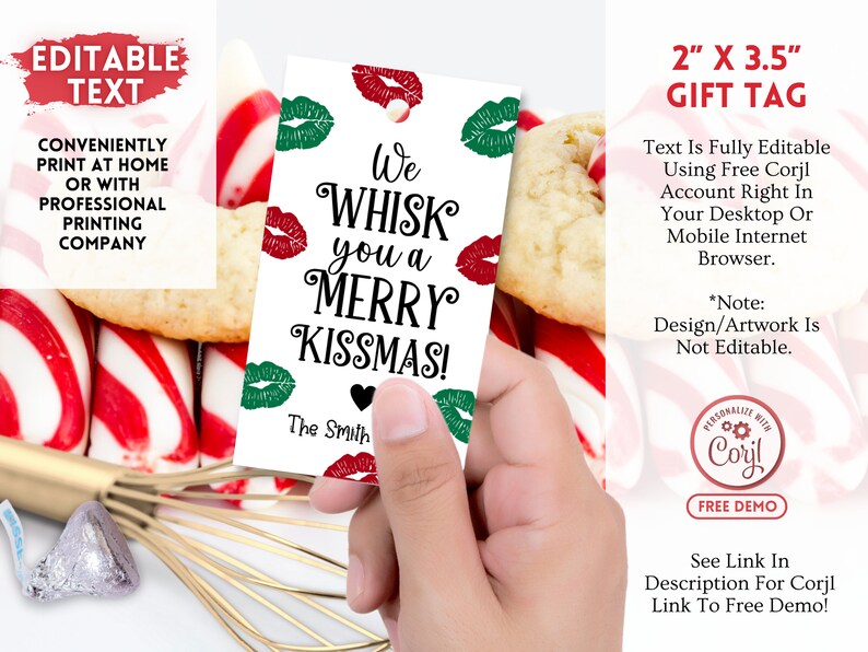 We Whisk You A Merry Kissmas Gift Tag Editable Christmas Party Favor ...