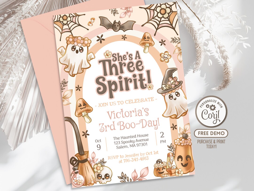 Editable Halloween Three Spirit Ghost Birthday Party Invitation Retro ...