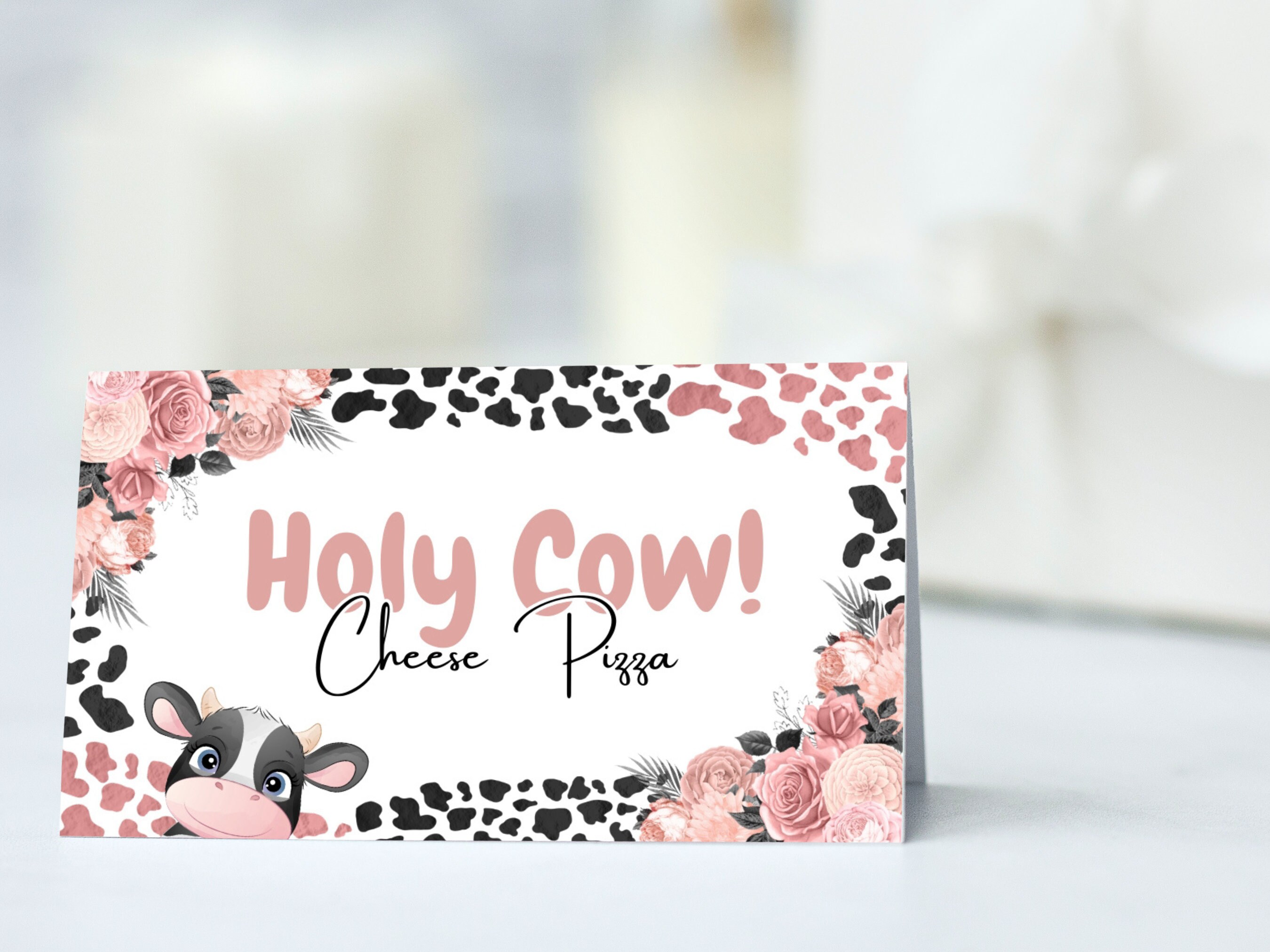 Editable Cow Blush Pink Floral Boho Food Tags Birthday Buffet Label ...