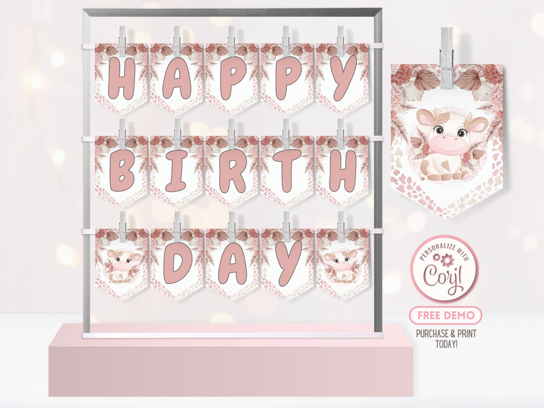 Printable Pink Cow Birthday Banner Holy Cow Pennant Flag Banner Boho ...