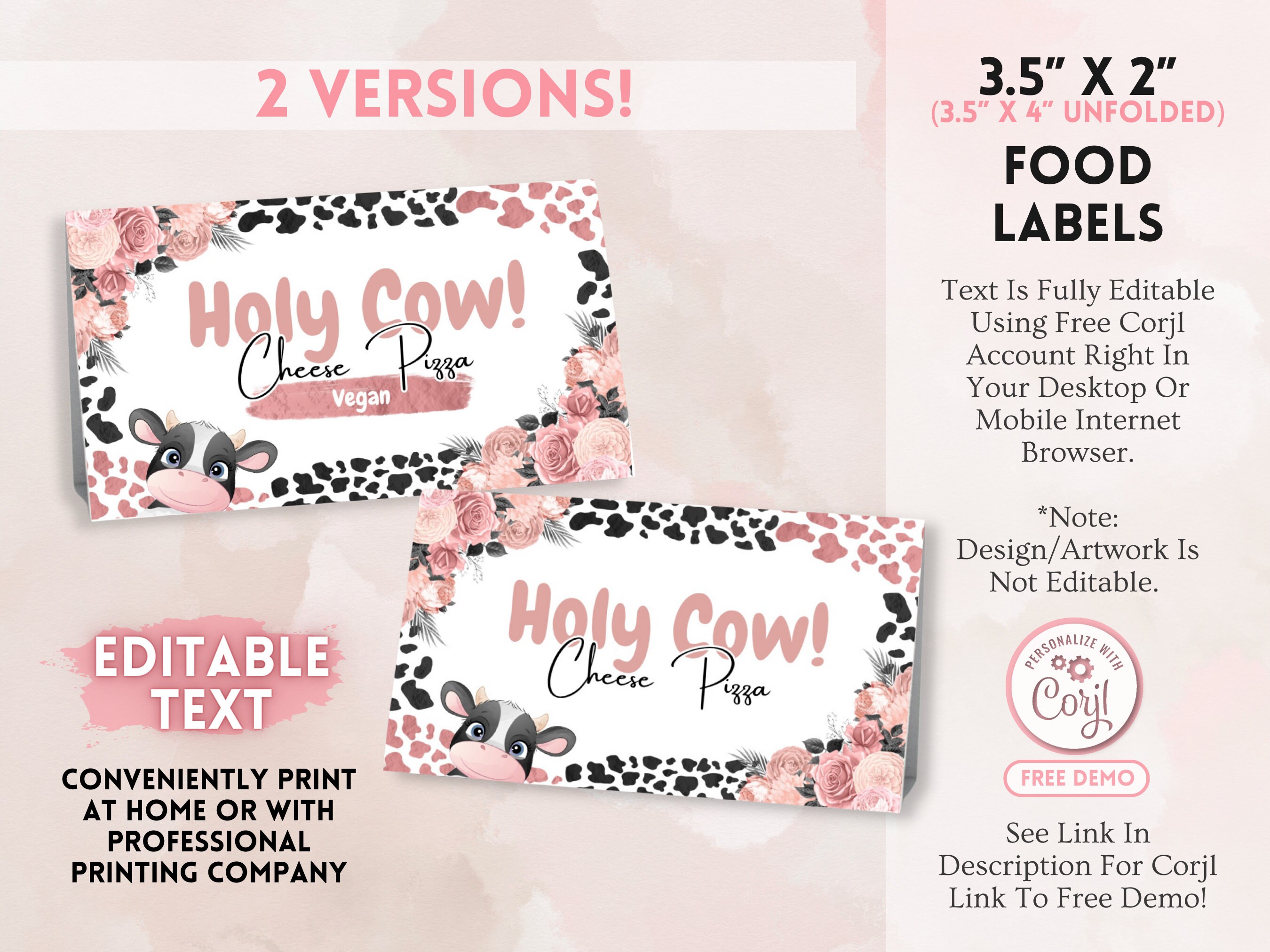 Editable Cow Blush Pink Floral Boho Food Tags Birthday Buffet Label ...