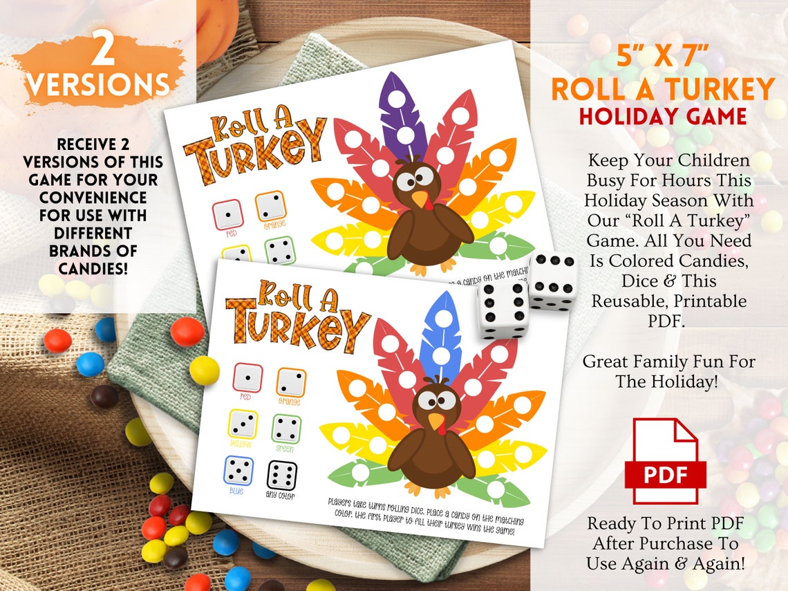 Roll A Turkey Dice Game Printable Thanksgiving Game Fall Activity for ...