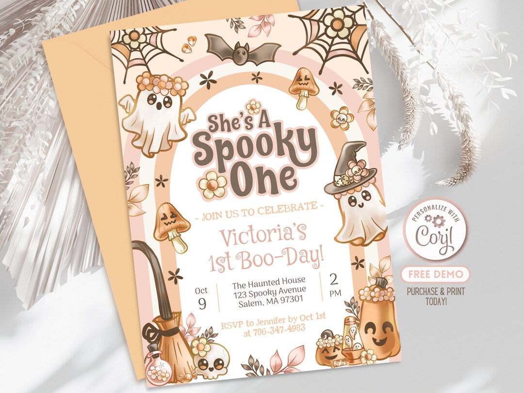 Editable Halloween Spooky One Ghost Birthday Party Invitation Retro ...