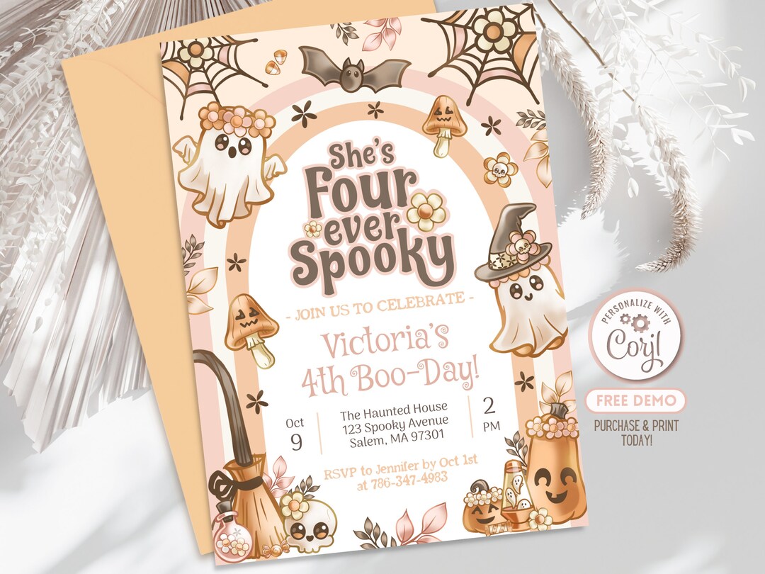 Halloween Four Ever Spooky Ghost Birthday Party Invitation Retro Groovy ...