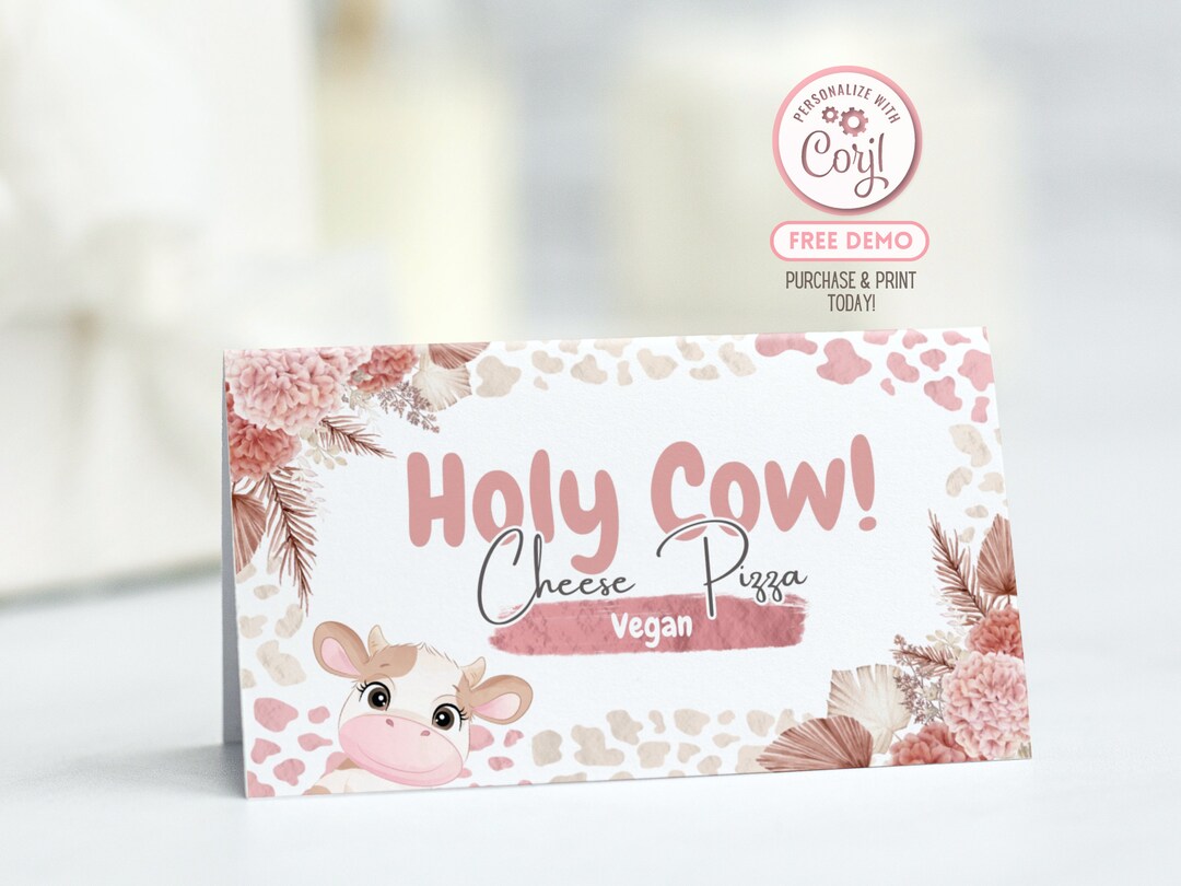 Editable Cow Blush Pink Floral Boho Food Tags Birthday Buffet Label ...