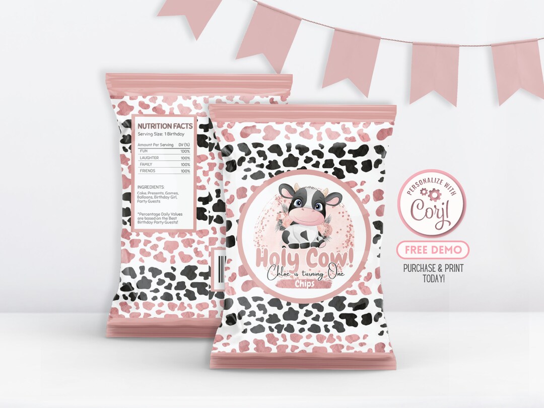 Printable Pink Cow Chip Bag Wrap Boho Potato Chip Bag Label Floral Chip ...