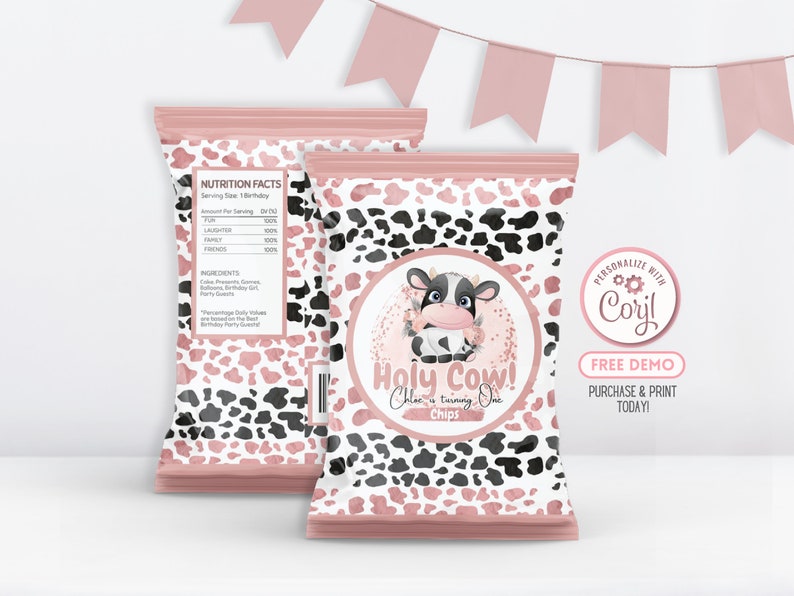 Printable Pink Cow Chip Bag Wrap Boho Potato Chip Bag Label Floral Chip ...