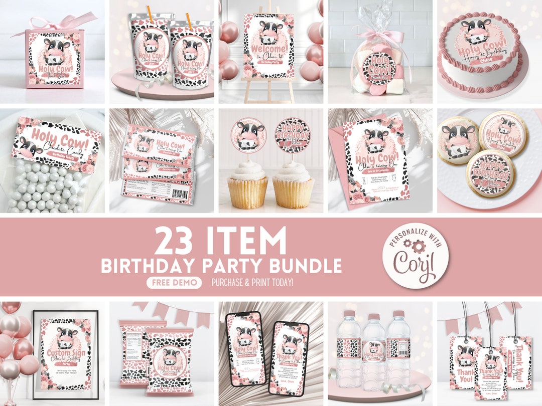 Holy Cow Birthday Party Bundle Pink Cow Party Bundle Boho Cow Birthday ...