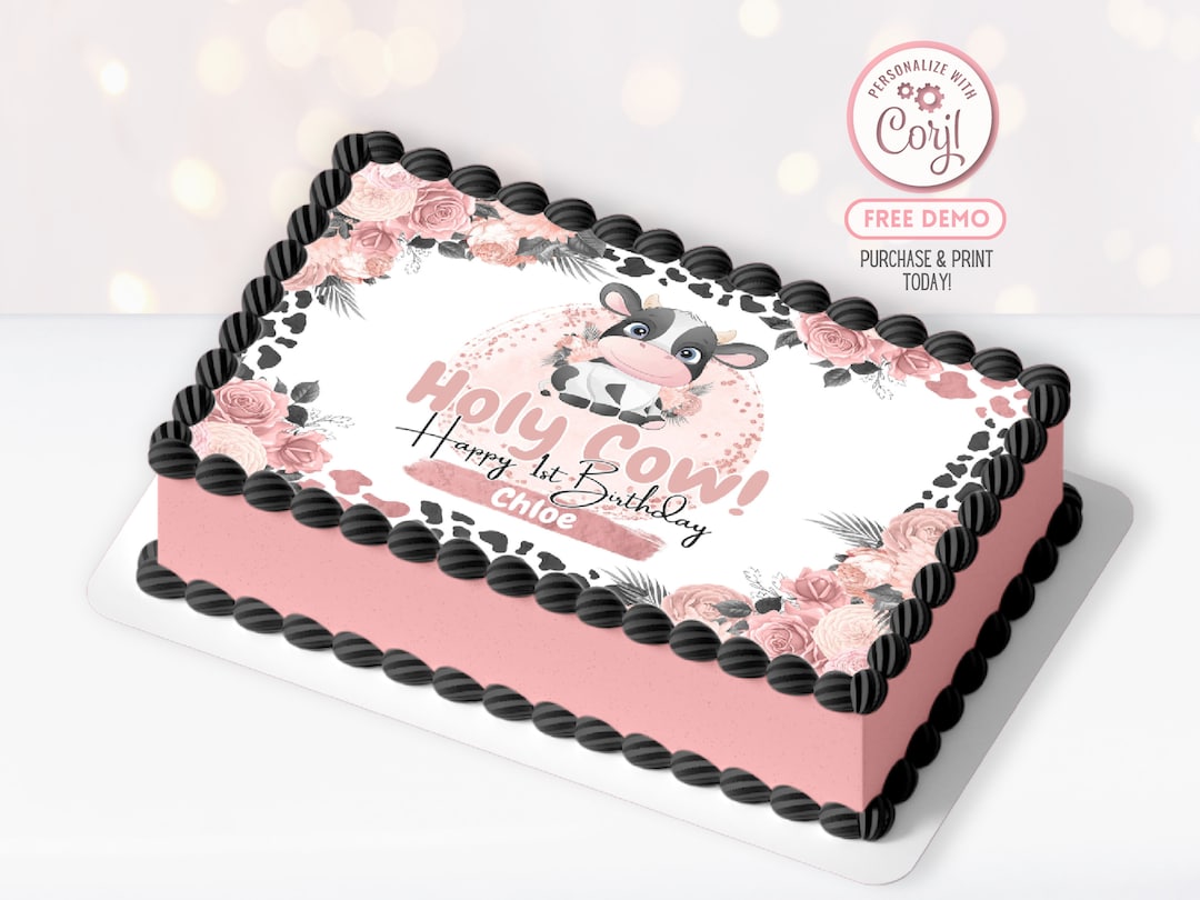 Editable Pink Cow Cake Image Holy Cow Cake Topper Cow Sheet Cake Template for Edible Ink Boho ...