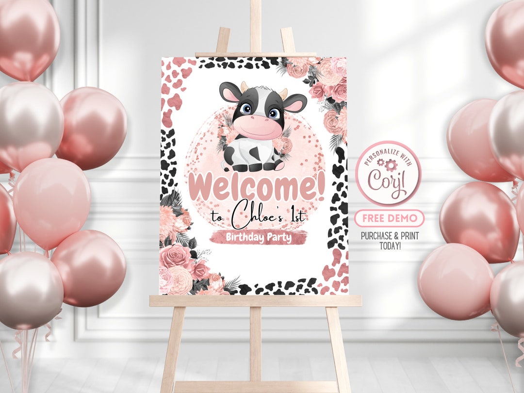 Editable Holy Cow 1st Birthday Welcome Sign Cow Table Sign Pink Cow ...