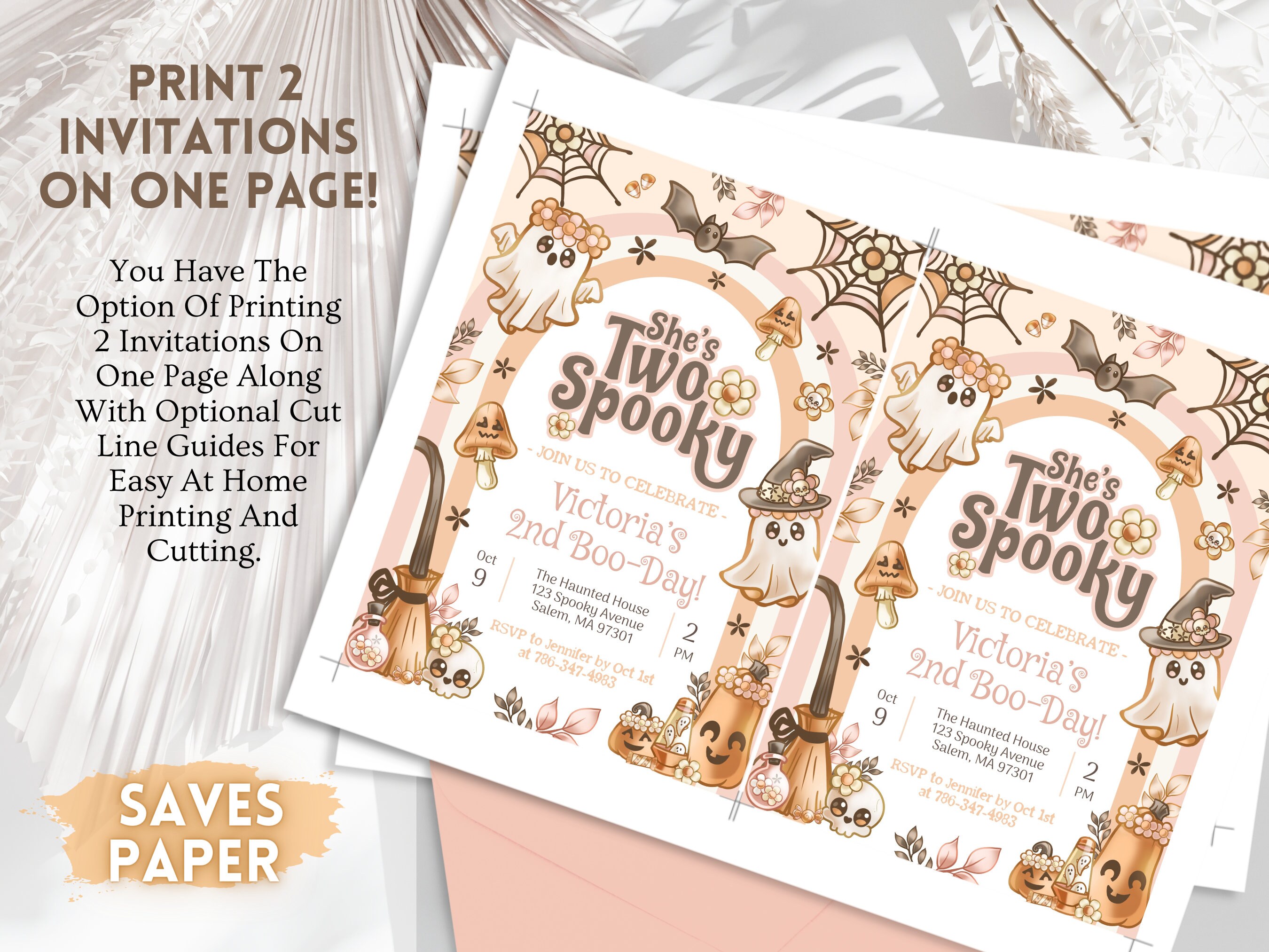 Editable Halloween Two Spooky Ghost Birthday Party Invitation Retro ...