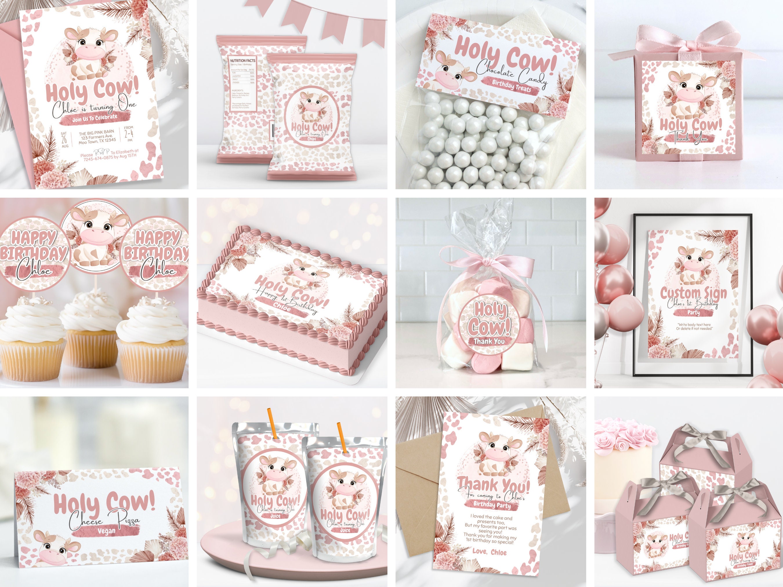 Holy Cow Birthday Party Bundle Pink Cow Party Bundle Boho Cow Birthday ...