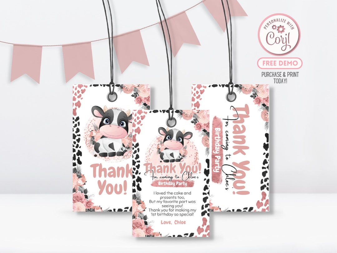Editable Cow Birthday Tag Set Party Favor Tags Thank You Hang Tags for ...