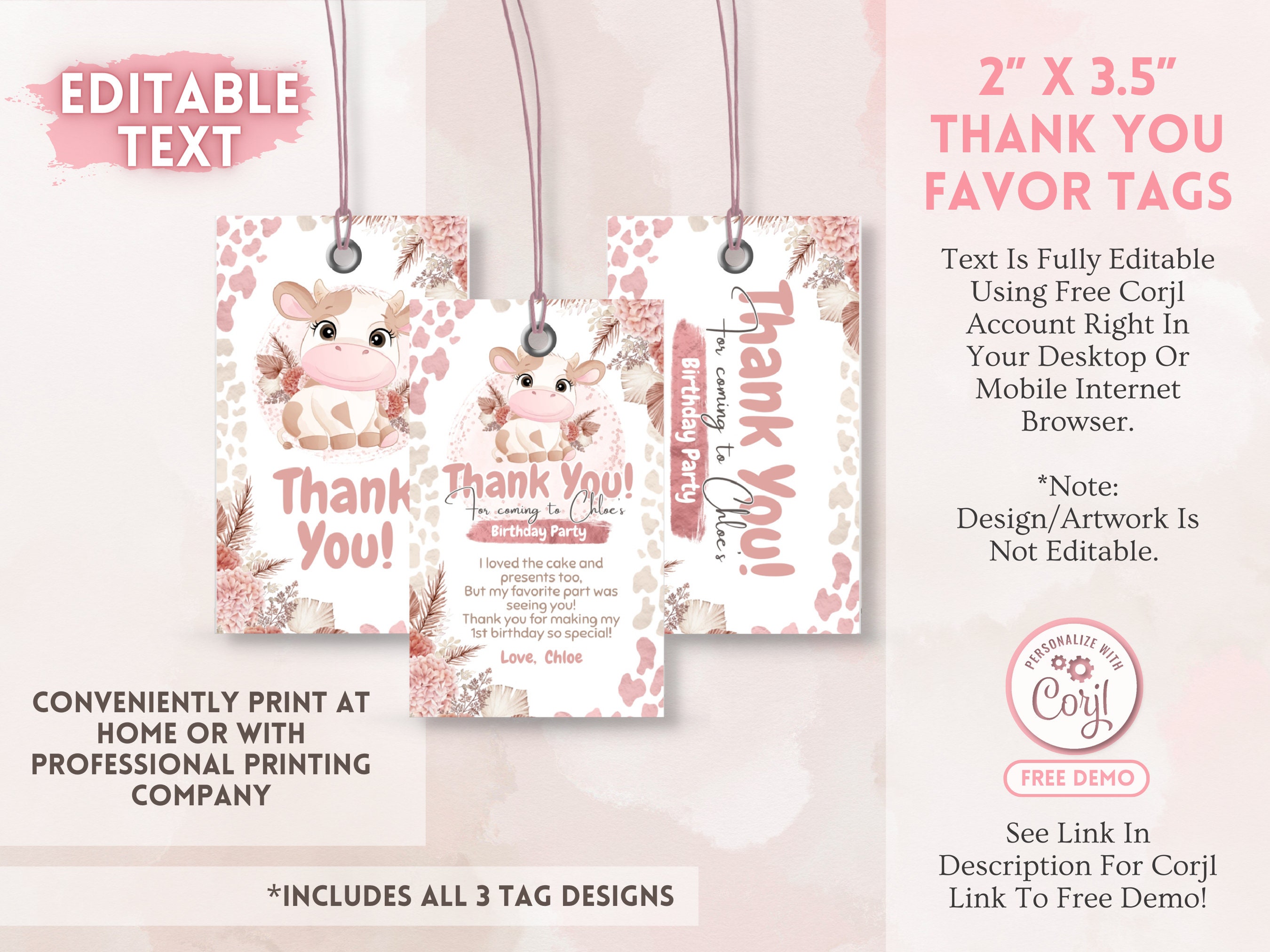 Editable Cow Birthday Tag Set Party Favor Tags Thank You Hang Tags for ...