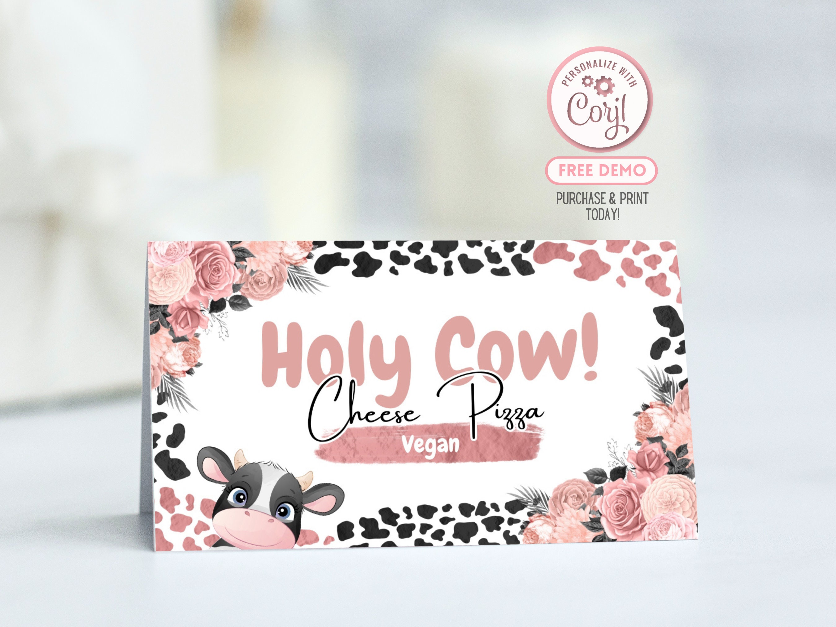Editable Cow Blush Pink Floral Boho Food Tags Birthday Buffet Label ...
