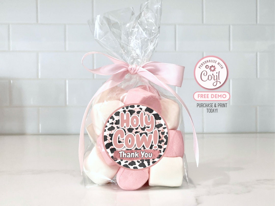 Round Pink Cow Sticker Party Favor Sticker Party Box Label Holy Cow ...