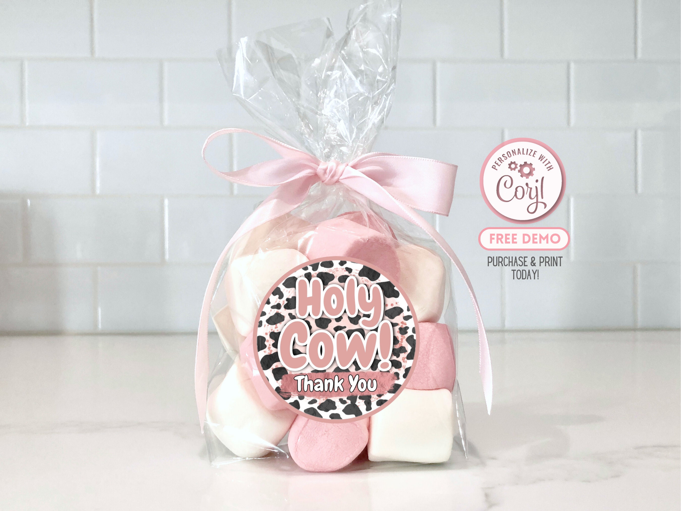 Round Pink Cow Sticker Party Favor Sticker Party Box Label Holy Cow ...