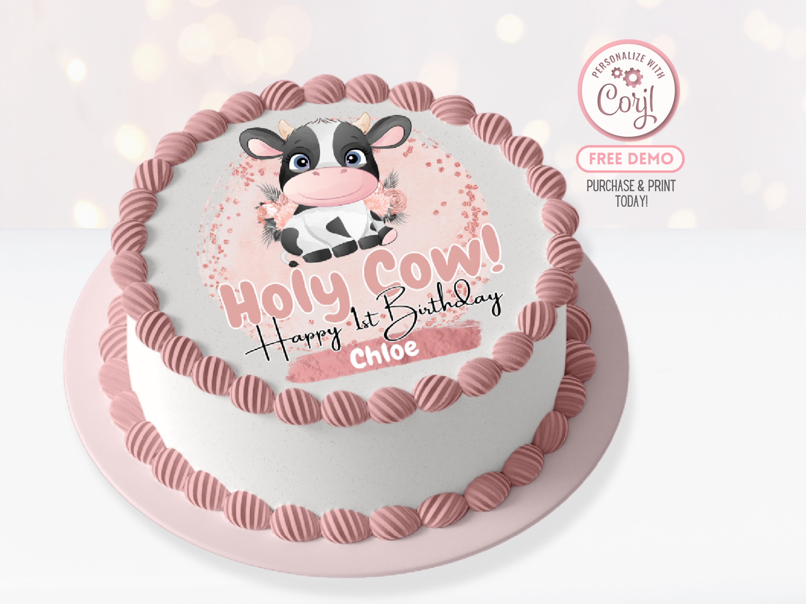 Editable Pink Cow Cake Image Holy Cow Cake Topper Cow Round Cake ...