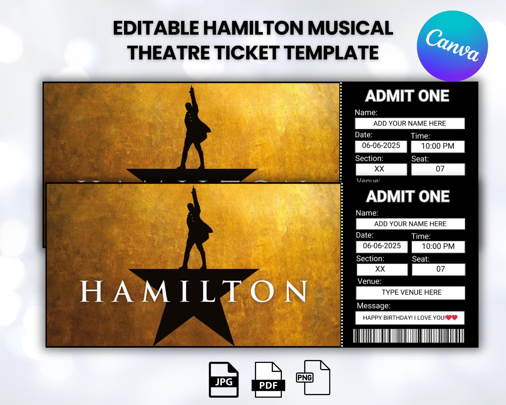 Editable Hamilton Musical Theatre Ticket Template, Personalized Gift ...