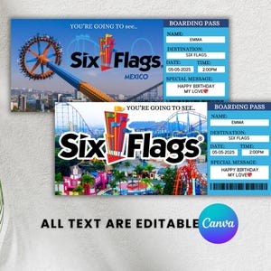 Editable Six Flags Gift Ticket, Birthday Surprise Ticket, Boarding Pass ...