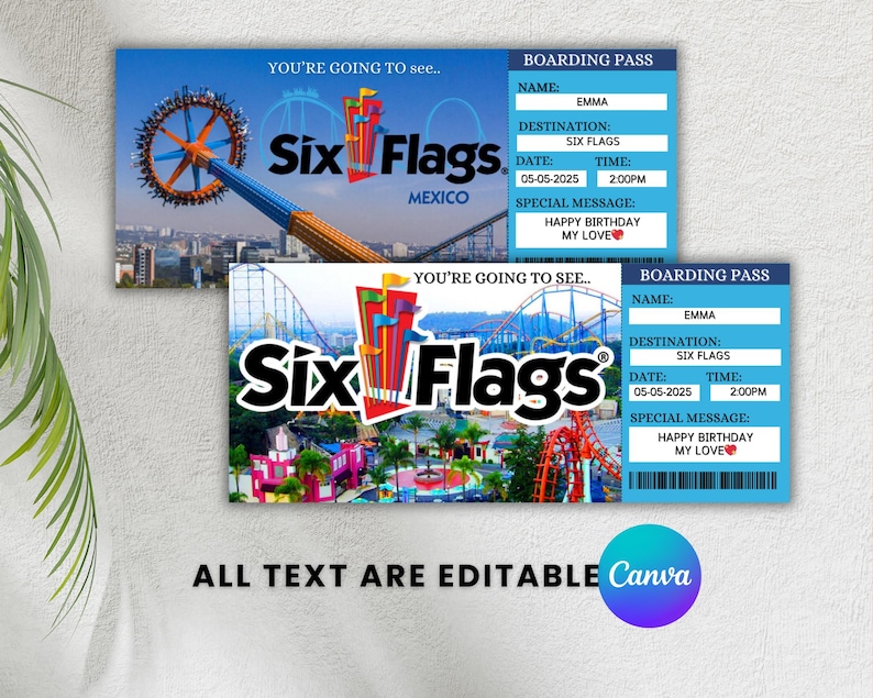 Editable Six Flags Gift Ticket, Birthday Surprise Ticket, Boarding Pass ...