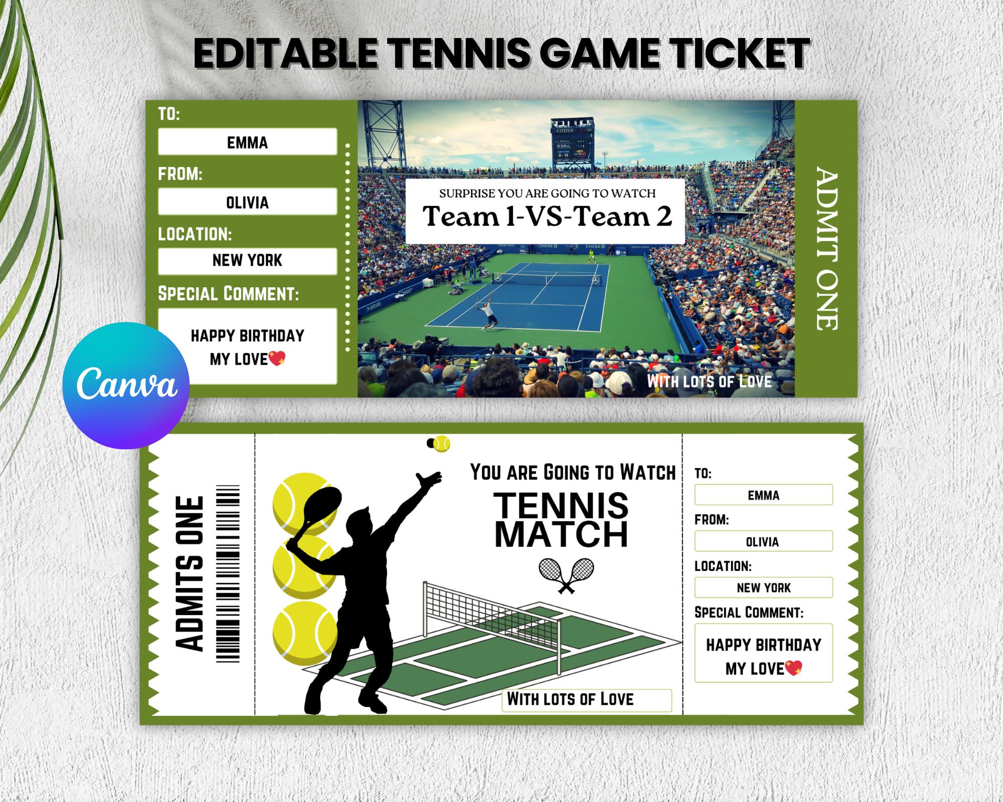 Editable Tennis Game Ticket Template: Birthday Surprise (instant ...