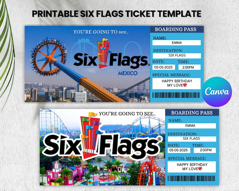 Editable Six Flags Gift Ticket, Birthday Surprise Ticket, Boarding Pass ...