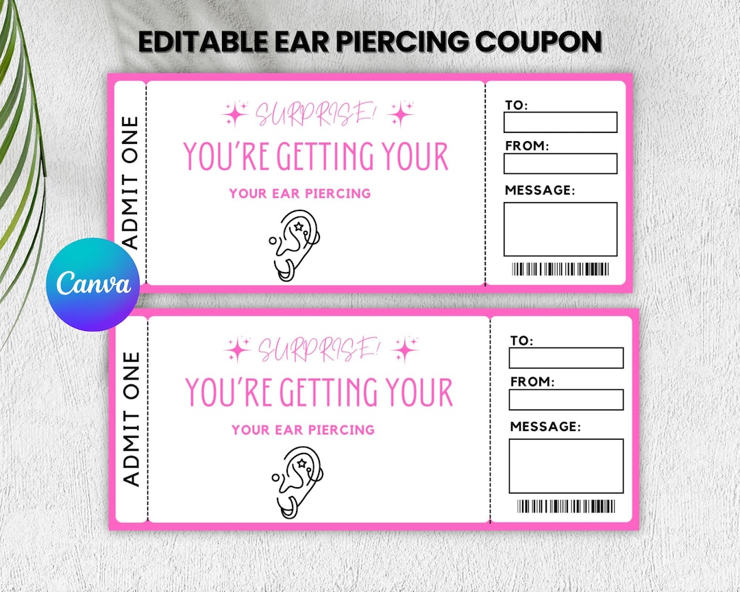 Editable Ear Piercing Ticket Template, Ear Piercing Coupon, Ears ...