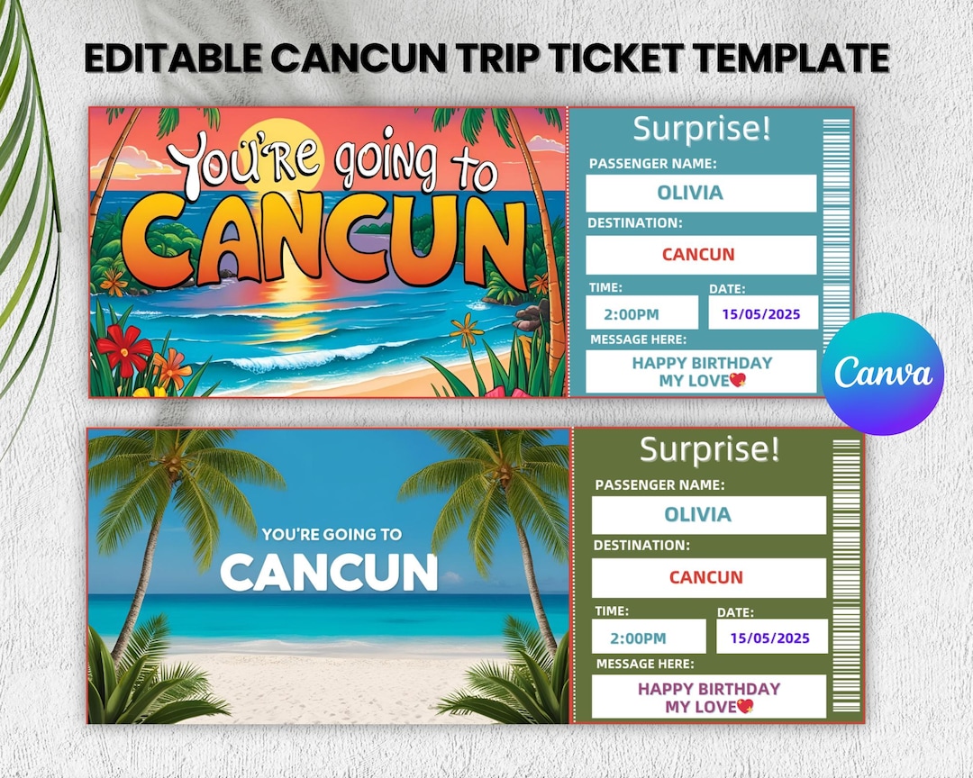 Editable Cancun Trip Ticket: Surprise Vacation Boarding Pass (instant ...