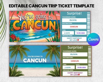 Printable CANCUN Surprise Trip Gift Ticket. Boarding Pass. Trip Ticket ...