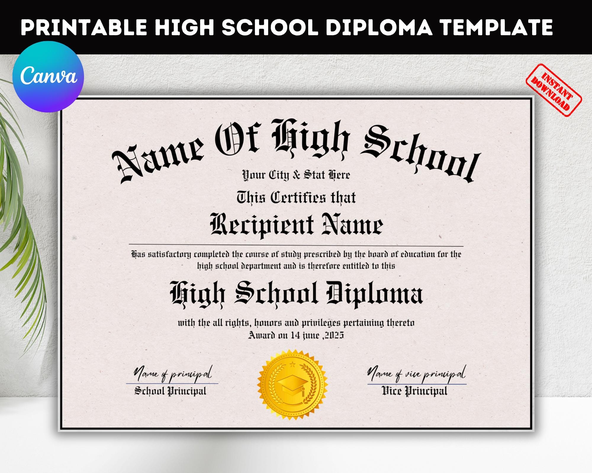 Editable High School Diploma Template, Home School Diploma, High School ...