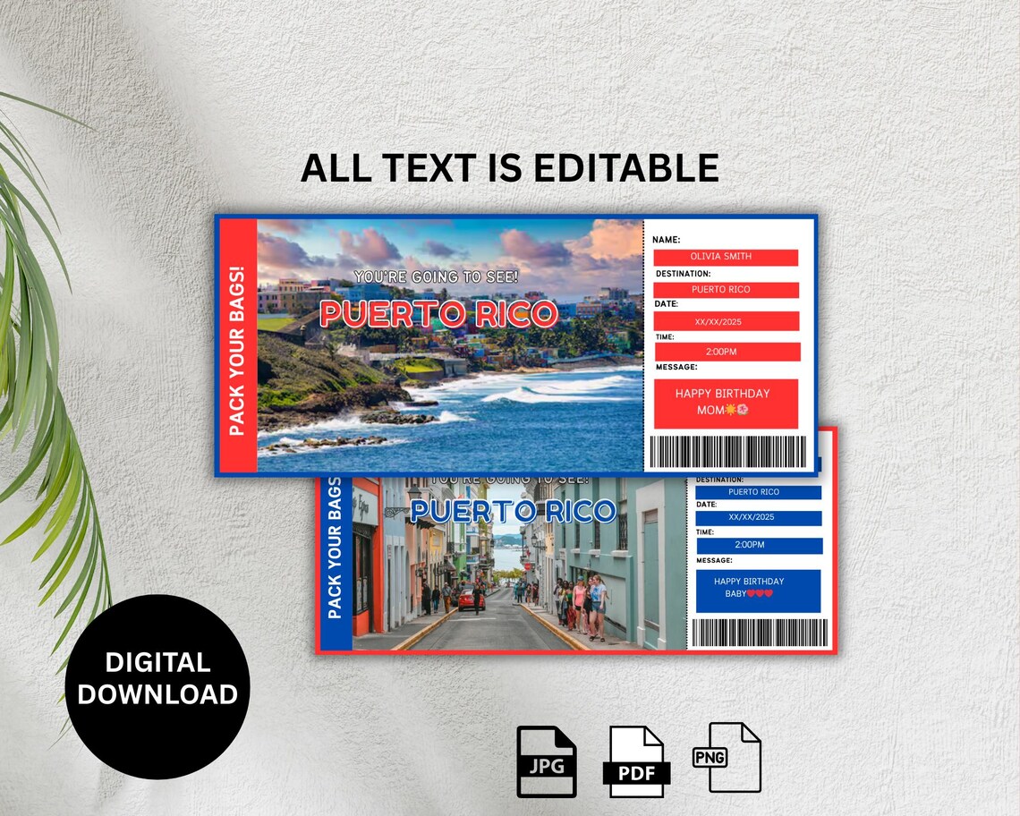 Editable Puerto Rico Trip Ticket Template: Surprise Boarding Pass ...