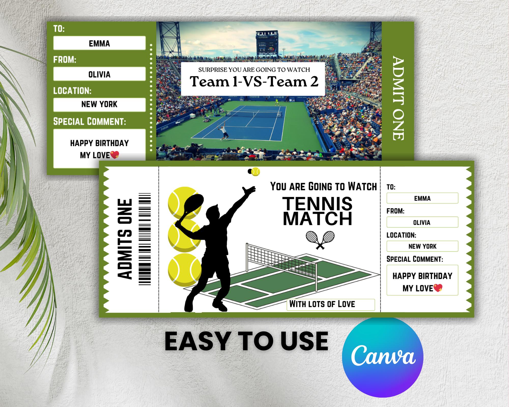 Editable Tennis Game Ticket Template: Birthday Surprise (instant ...