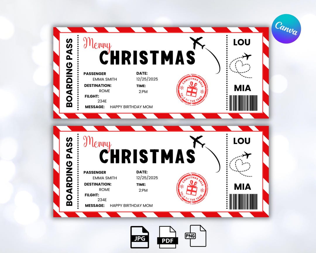 Christmas Boarding Pass Ticket Template,editable Xmas Boarding Ticket ...