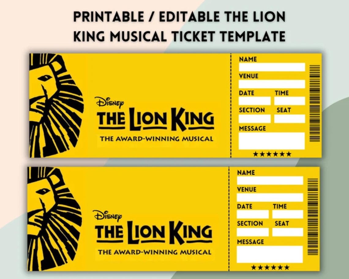 Editable the Lion King Broadway Surprise Ticket Template, Musical ...