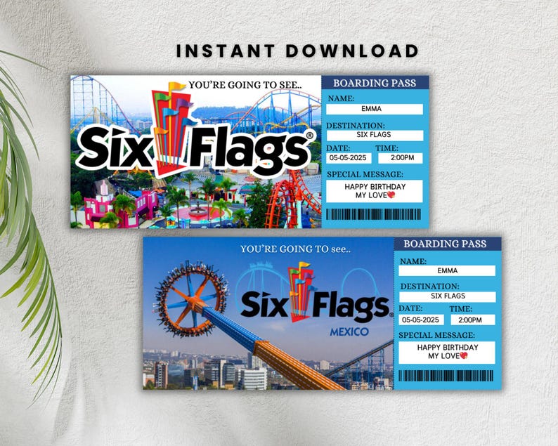 Editable Six Flags Birthday Surprise Ticket: Printable Boarding Pass ...