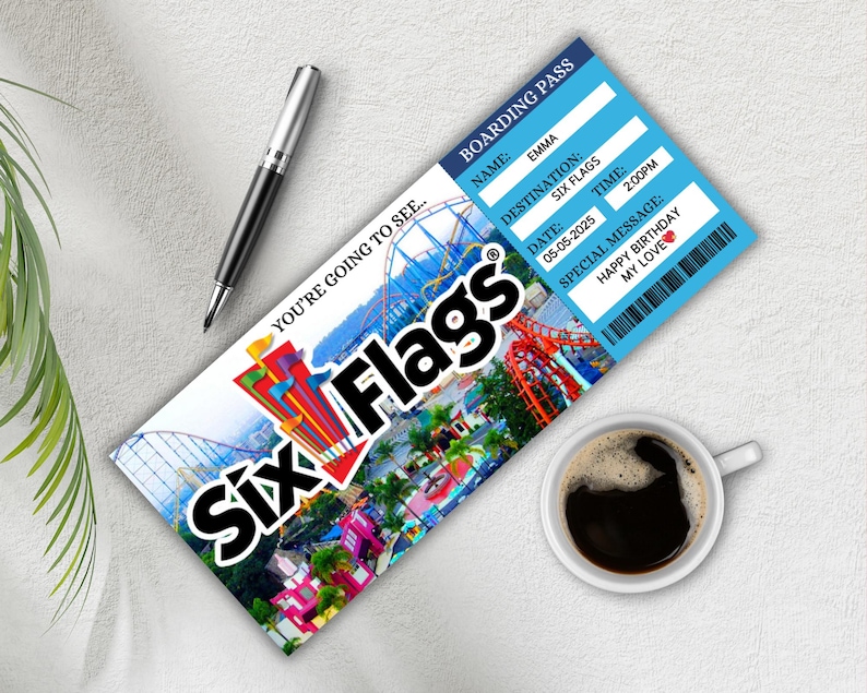 Editable Six Flags Gift Ticket, Birthday Surprise Ticket, Boarding Pass ...