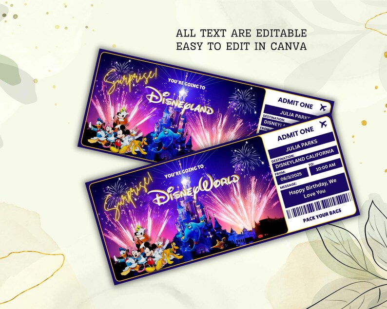 Editable Disneyland Ticket, Disneyworld Ticket, Surprise Ticket Gift ...