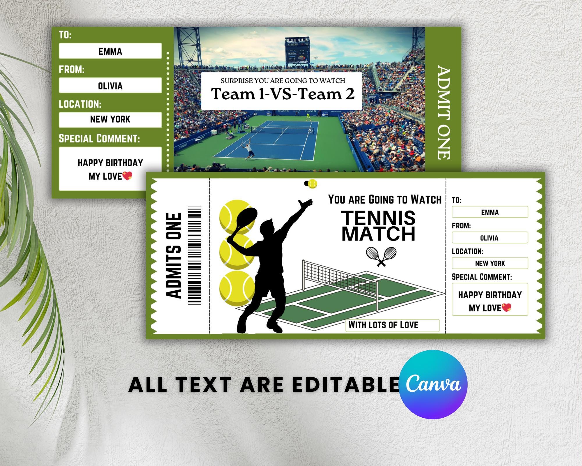 Editable Tennis Game Ticket Template: Birthday Surprise (instant ...