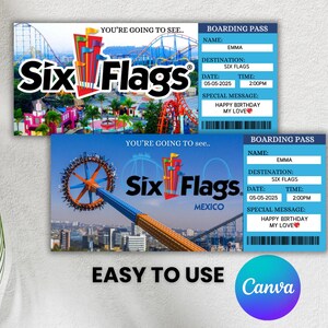 Editable Six Flags Birthday Surprise Ticket: Printable Boarding Pass ...